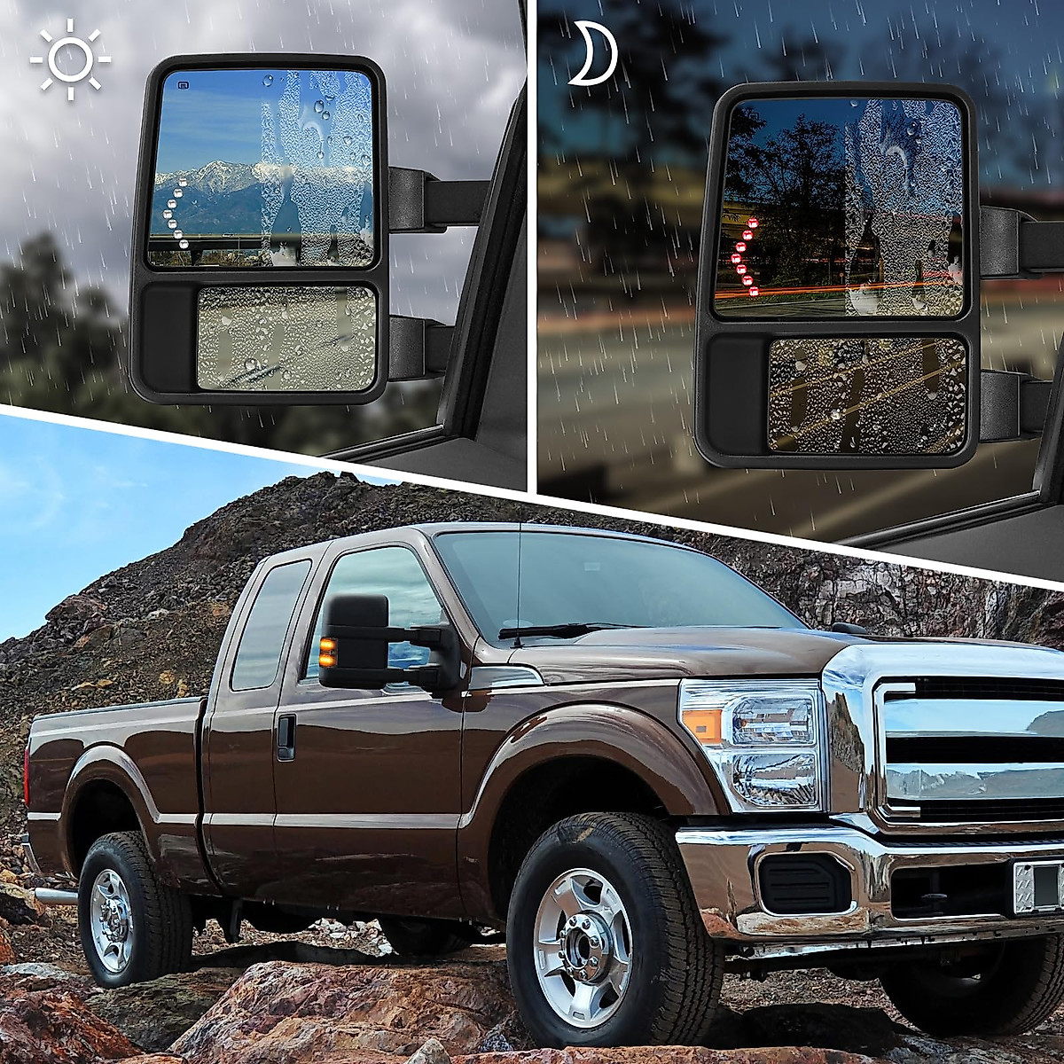 Towing Mirrors Compatible with 1999-2016 F250 F350 F450 F550 Super Duty Truck Pickup Side Tow Mirrors, Power Heated Extendable Manual telescoping&Folding Pair Arrow Turn Signal Lights Smoke