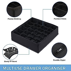 Boudar Foldable Storage Cubes Drawer Underwear Organizer Dividers， under Cabinet Organizer 24-Cell Fabric Storage Boxes for Lingerie,Socks,Ties （Black）