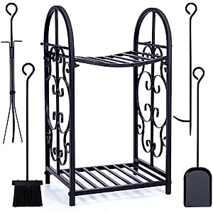 Sturdy Firewood Rack Fireplace Tools Set with 4 Fireplace Accessories Brush Shovel Poker Tong, Vertical Design 2 Shelves Log Storage Rack Holder, Holds a Great Amount of Wood Fireside Logs