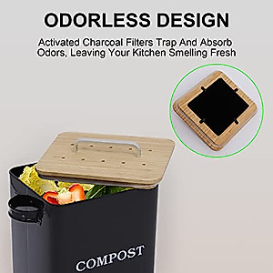 Gdfjiy Indoor Compost Bin, Kitchen Compost Pail Countertop, Metal Compost Bin with Wooden Lid, 6.5L Capacity for Home Compost, Kitchen Waste Bins Garbage Can, Includes 4 Charcoal Filters (Black)