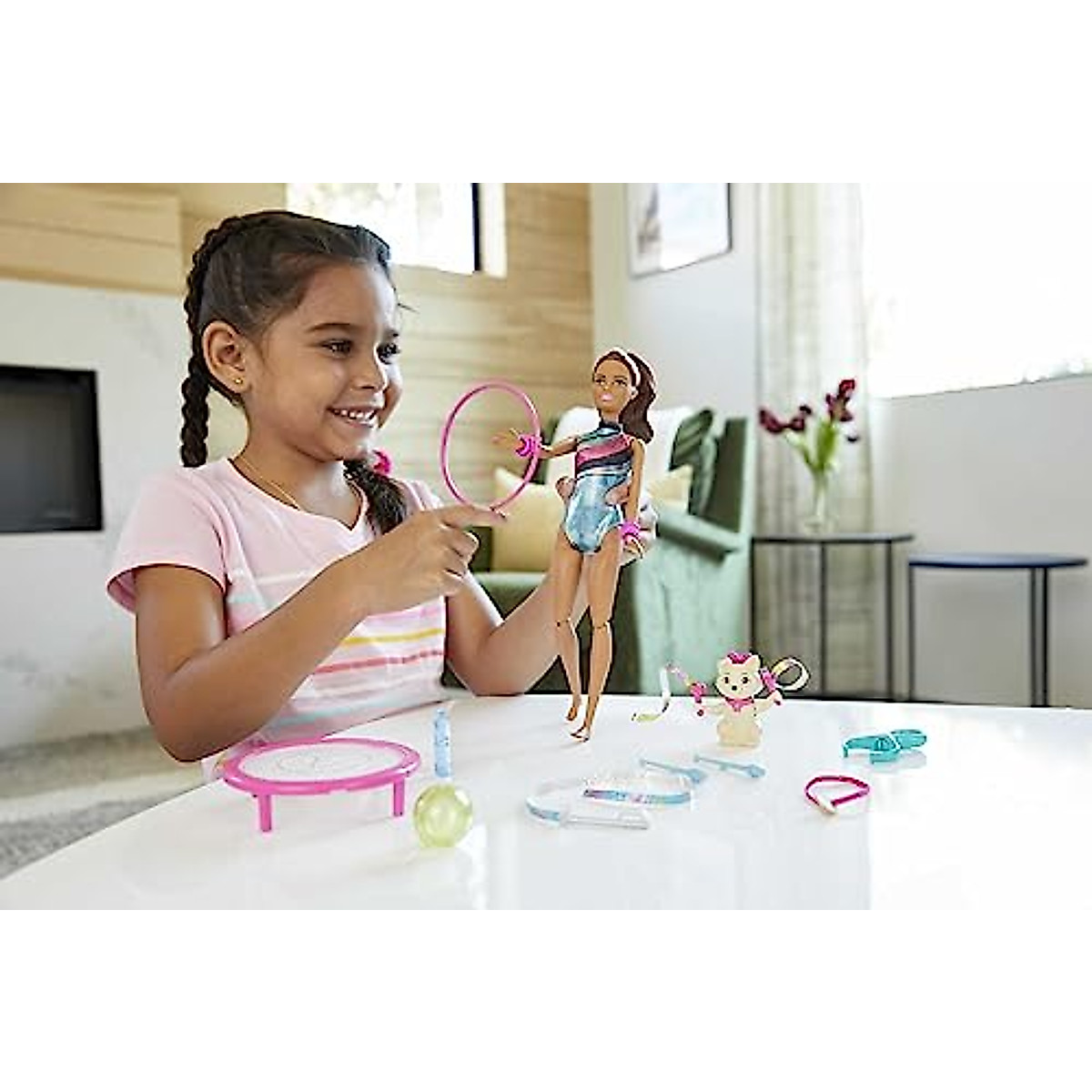 Barbie Gymnast Playset, Spin 'N Twirl Teresa Doll Flips & Spins Hoops, Pet Has Bouncing Trampoline & Waves Ribbons, Themed Accessories (Amazon Exclusive)