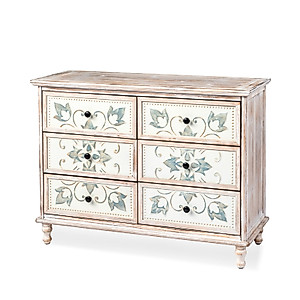 VINGLI 6 Drawer Dresser, Boho Dresser with Carved Flower Pattern Drawers & Solid Wood Leg, Washed White Dresser Chest of Drawers