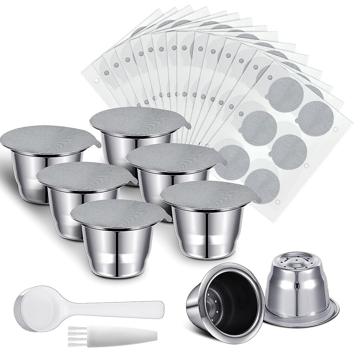 Didaey Reusable Espresso Capsules Stainless Steel Refillable Coffee Pods Reusable Espresso Pods with Aluminum Foil Seals Stickers Lids Compatible with Nespresso Machines (6 Cups, 204 Lids)