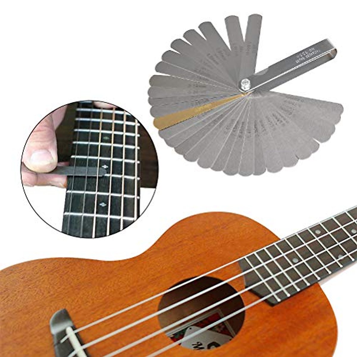 TIMESETL 17 Pcs Guitar Luthier Tools Including 4 Guitar Notched Radius Gauges, 9 Understring Radius Gauge Luthier Tools, 32 Blades Feeler Gauge, String Action Gauge Ruler and 2 Fingerboard Guards