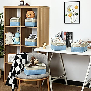 NEYKIOY Small Baskets Fabric Storage Bins 6 Pack Empty Gift Basket Decorative Storage Baskets for Shelves, Bathroom, Small Storage Basket with Handles(11.8" x 7.8" x 5.1"Inches- Beige&Blue)