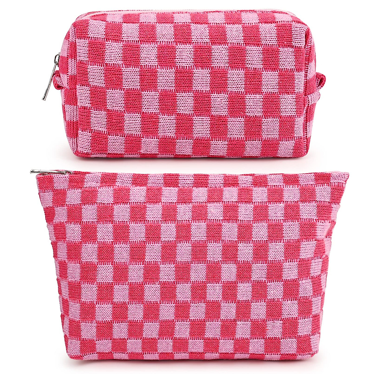 SOIDRAM 2 Pieces Makeup Bag Large Checkered Cosmetic Bag Capacity Canvas Mix Travel Toiletry Bag Organizer Cute Makeup Brushes Aesthetic Accessories Storage Bag for Women, Checkered Mix Rose Red