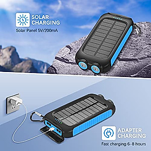 Dyuanup 20,000mAh Solar Charger Power Bank 2LED Flashlight IP65 Waterproof with Dual USB Outputs and Type C Input/Output Built-in Solar Panel for Outdoor Camping for All Cell Phones (Blue)
