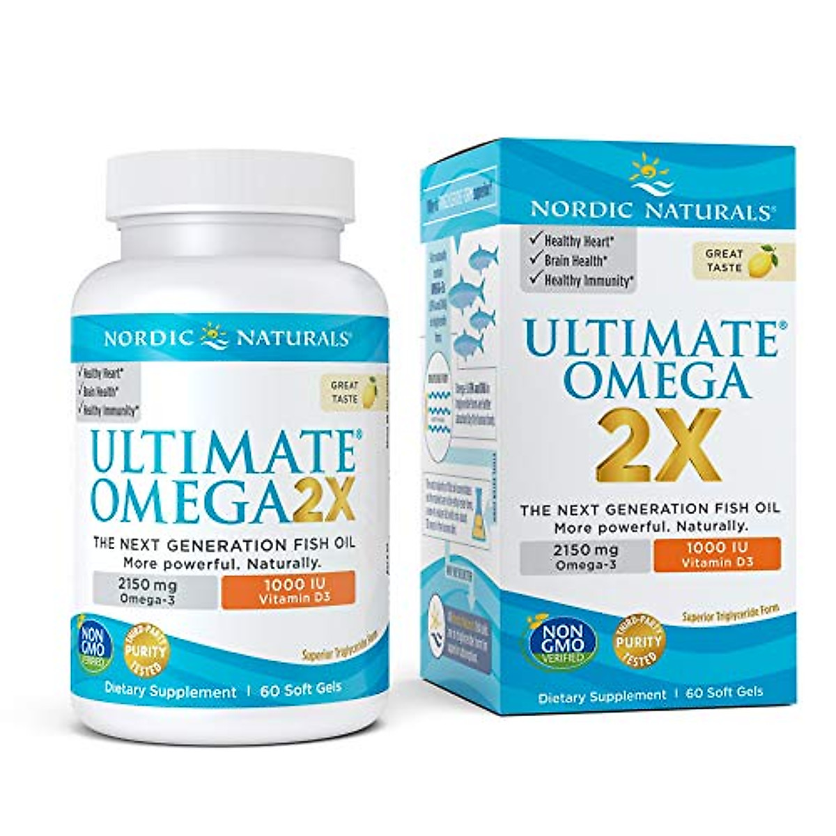 Nordic Naturals Ultimate Omega 2X with Vitamin D3, Lemon Flavor - 60 Soft Gels - 2150 mg Omega-3 + 1000 IU D3 - Omega-3 Fish Oil - EPA & DHA - Brain, Heart, Joint, & Immune Health - 30 Servings