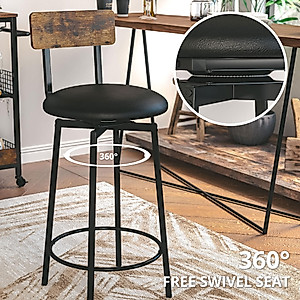 IRONCK Bar Stools Set of 2, Wider Base PU Upholstered Swivel Barstools for Kitchen Island, Thick Cushion Stools with Footrest for Dining Room Kitchen Counter Bar, Rustic Brown and Black