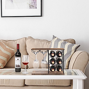 YBING Wine Rack Countertop Wine Holder Stand for 6 Wine Bottles and 4 Glasses Tabletop Small Wine Holder Wooden Wine Bottle Organizer for Kitchen, Bar, Wine Cellar, Cabinet (Brown)