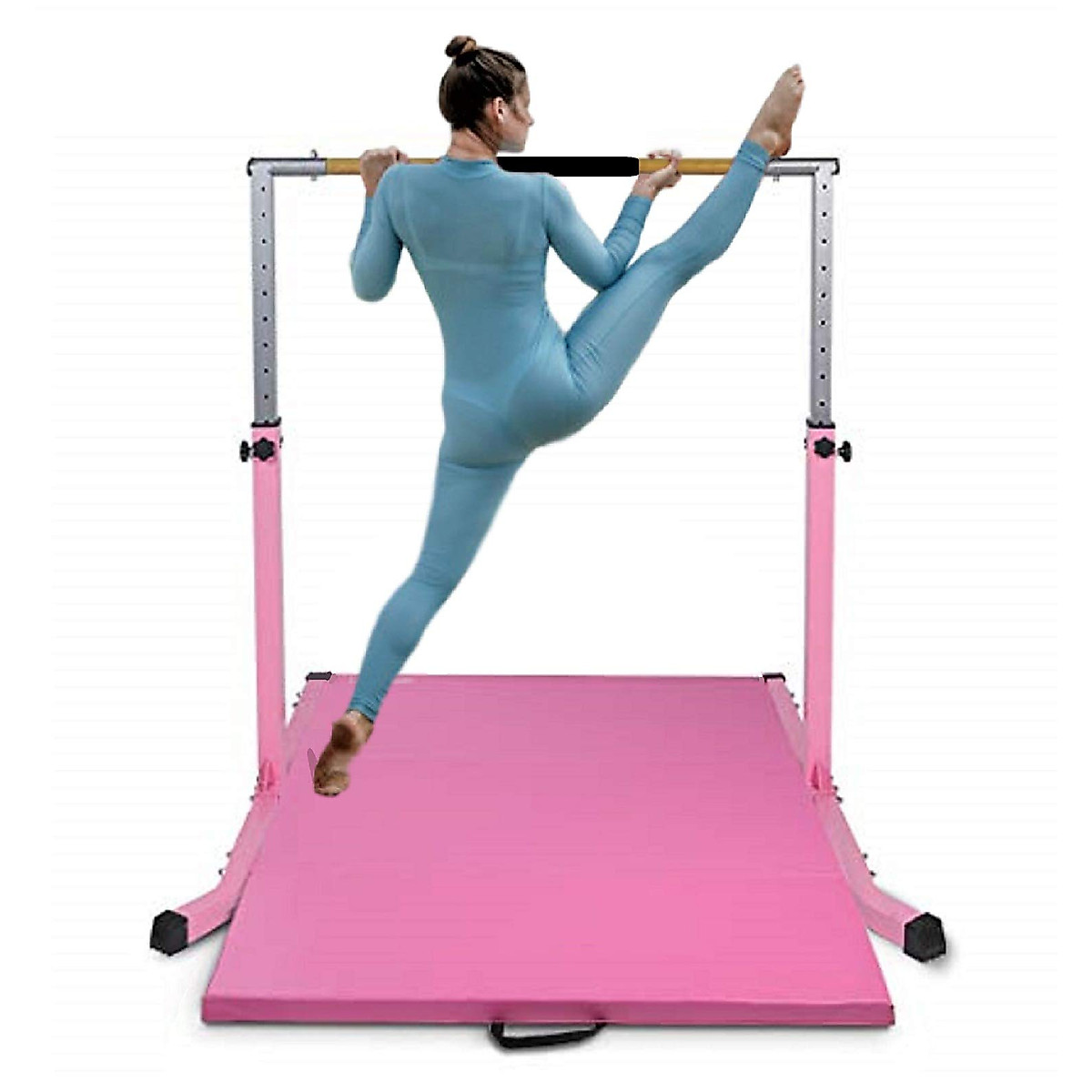 Athletic Bar Expandable Gymnastics Kip Bar Set with Balance Beam, 6'x4' Mat for Kids, Horizontal Bar Junior Gymnastic Training Exercise Gymnast Home Gym Adjustable 3 to 5 FT Fiberglass Rail (Pink)