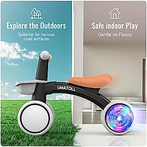 Umatoll Colorful Lighting Baby Balance Bike Toys for 1 Year Old Boys Gifts, Adjustable Seat Baby Walker, One Year Old Boy Birthday Gifts, 12-24 Months Toddler First Ride on Toys with Removable Basket