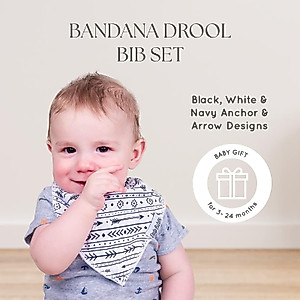 Dodo Babies Bandana Drool Bib Set – Four 100% Cotton Bibs with Soft Polyester Lining, 2 Pacifier Clips, Binky Case, Navy Dot Gift Bag for Baby Girl or Boy Shower – Adjustable Snap Fit for 3-24 Months