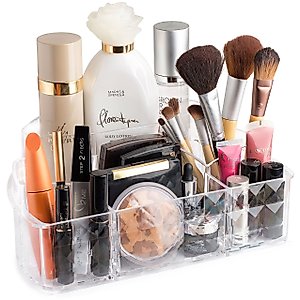 Masirs Clear Cosmetic Storage Organizer - Easily Organize your Cosmetics, Jewelry. Looks Elegant Sitting on your Vanity, Bathroom Counter or Dresser. Clear Design for Easy Visibility.