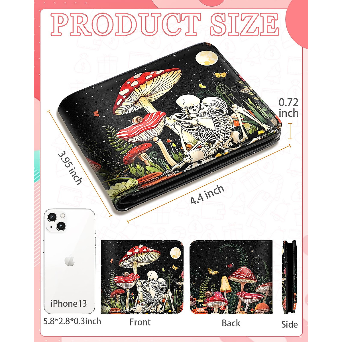 Bistup Girls Wallet Cute Leather Bifold Wallet Skull for Women Teen Girls Goth Horror Credit Card Cash Id Holder Rfid Blocking Mushroom Skeleton Bi Fold Small Wallets With Coin Pocket Slim Scary Cool