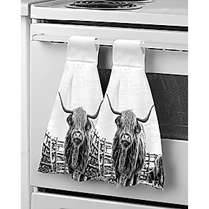 Farmhouse Yak Kitchen Towels with Hanging Loop 2 Pack, Absorbent Hand Towels for Bathroom, Grey Funny Cute Farm Animals Rustic Hand Kitchen Towel Tea Bar Dish Cloths Tie Towel 18"x14"