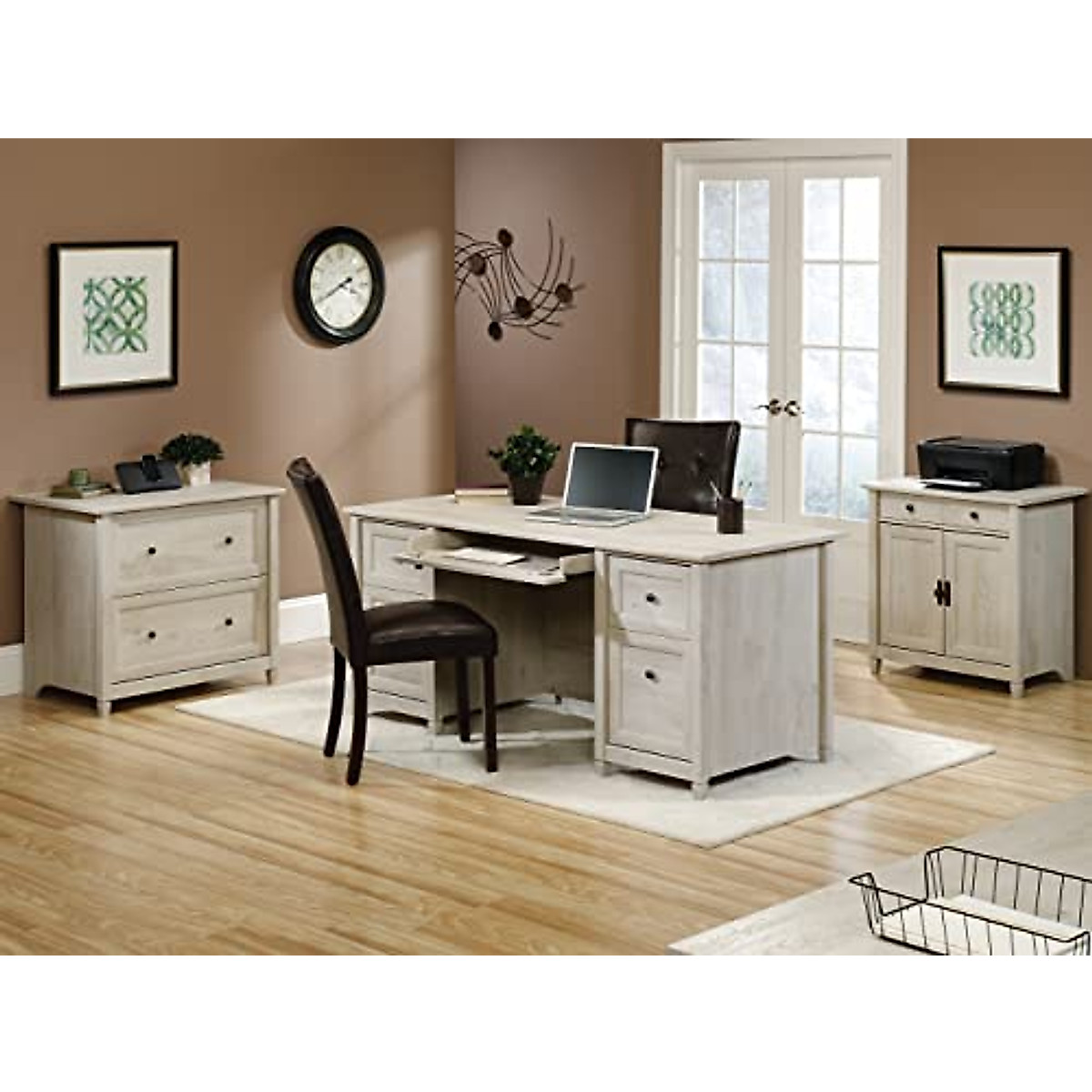 Sauder Edge Water Executive Desk, L: 65.12" x W: 29.53" x H: 29.37", Chalked Chestnut finish