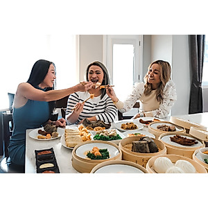 Chok Dee Goods Bamboo Steamer Premium Set, Stainless Steel Cooking Ring Included, 1 10" 2 Tier Basket, 1 Stainless Steel Cooking Ring, 4 Sets of Chopsticks, 4 Reusable Silicone Liners, 2 Sauce Dishes