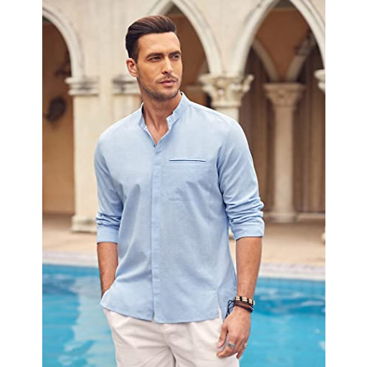COOFANDY Men Beach Shirts Long Sleeve Linen Button Down Mandarin Collar Vacation Shirts Sky Blue