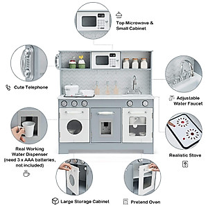 Costzon Kids Kitchen Playset, Wooden Pretend Cooking Playset w/Stove, Fridge, Microwave, Removable Sink, Water Dispenser w/Light Sound, Cabinets, Great Gift for Boys Girls