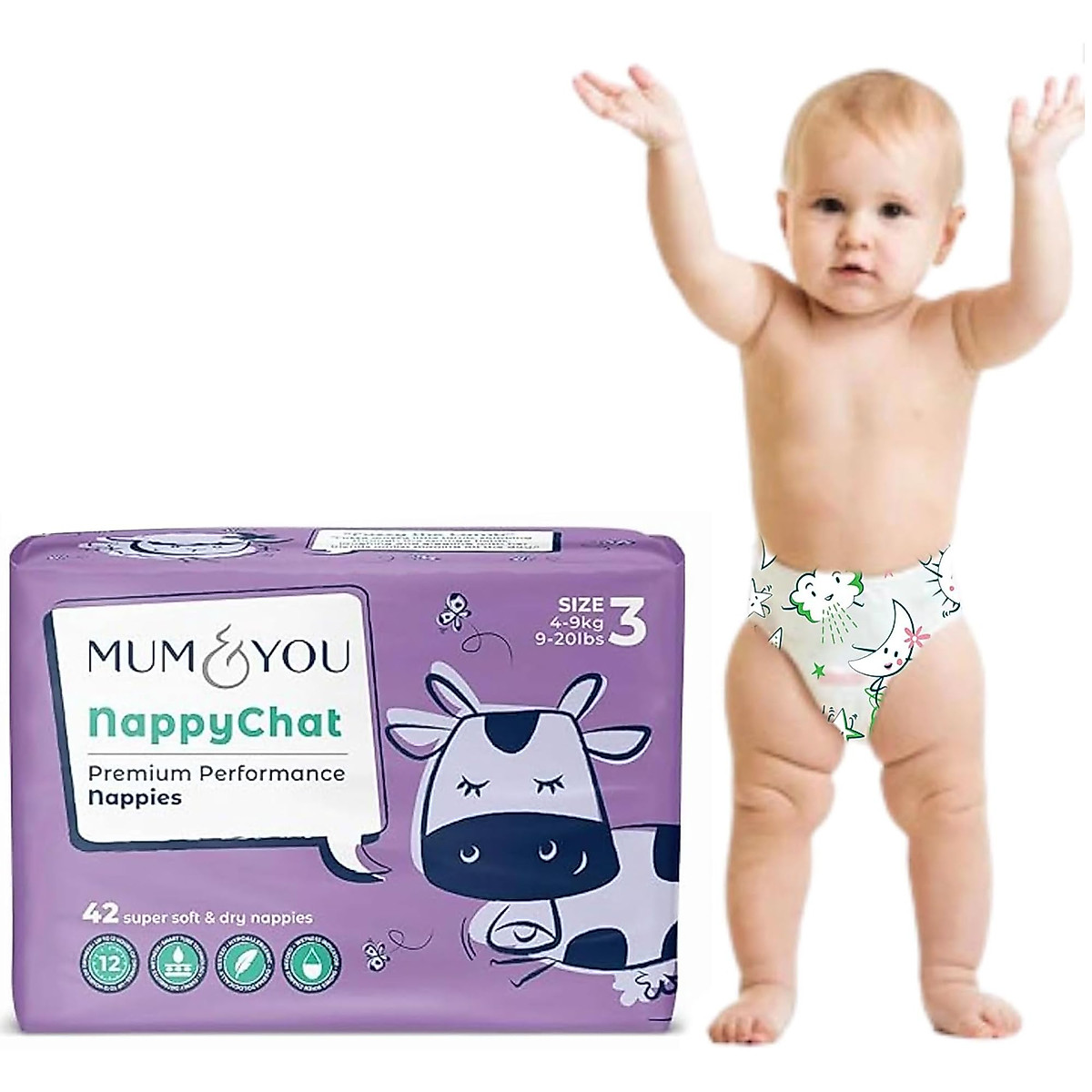 Mum & You Nappychat Premium Performance Eco Diapers, Size 3 (42 Diapers) Smart Tube Technology. Leak Protection. 100% Recyclable. Hypoallergenic, Dermatologically-Tested. No Lotion, Perfume or Dyes.