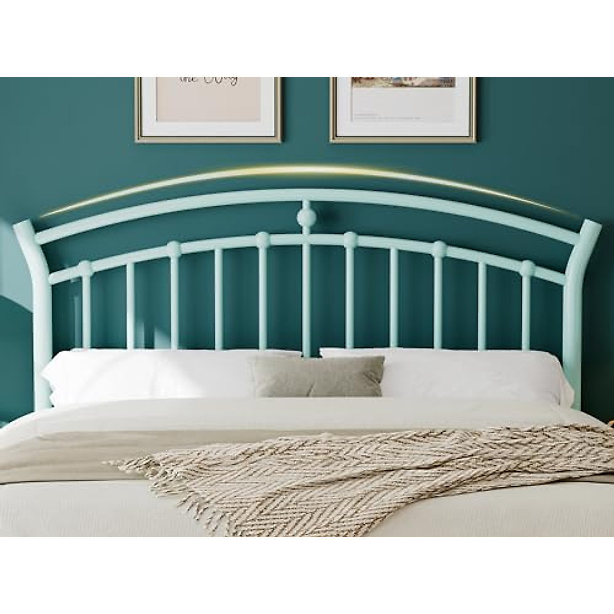 iPormis Full Size Metal Platform Bed Frame with Modern Iron-Art Headboard/Heavy Duty Steel Slats Support/Under Bed Storage/No Box Spring Needed/Easy Assembly/Noise-Free/Mint Green