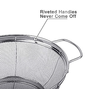 5 Pack 18/8 Stainless Steel Colander Sieves, Multi Size Mesh Strainer Net Baskets with Handles & Resting Base for Strain, Drain, Rinse or Steam