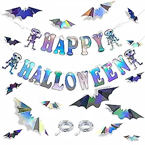 Happy Halloween Banner Sign Iridescent Skull Hanging Bunting with 3D Bat Wall Decal Sticker in Holographic Black Silver with LED String Light for Halloween All Hallows Eve Birthday Party Decorations
