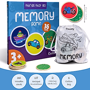 Montessori-Inspired Wooden Matching Game for Toddlers 2-4 Years - Things that Go - Durable, Scratch-Resistant 36 Card Set, Includes Carry Bag - Memory Game for Toddlers 2-4 Years - Means of Transport