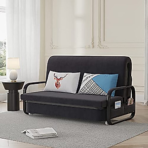 PIAQIA Convertible Pull Out Sofa Bed Sleeper with Storage, Linen Upholstered Folding Futon Couch with 1” Natural Latex Mattress, Suitable for Compact Space, Guest Room, Workshop, Dark Gray, 59" Width