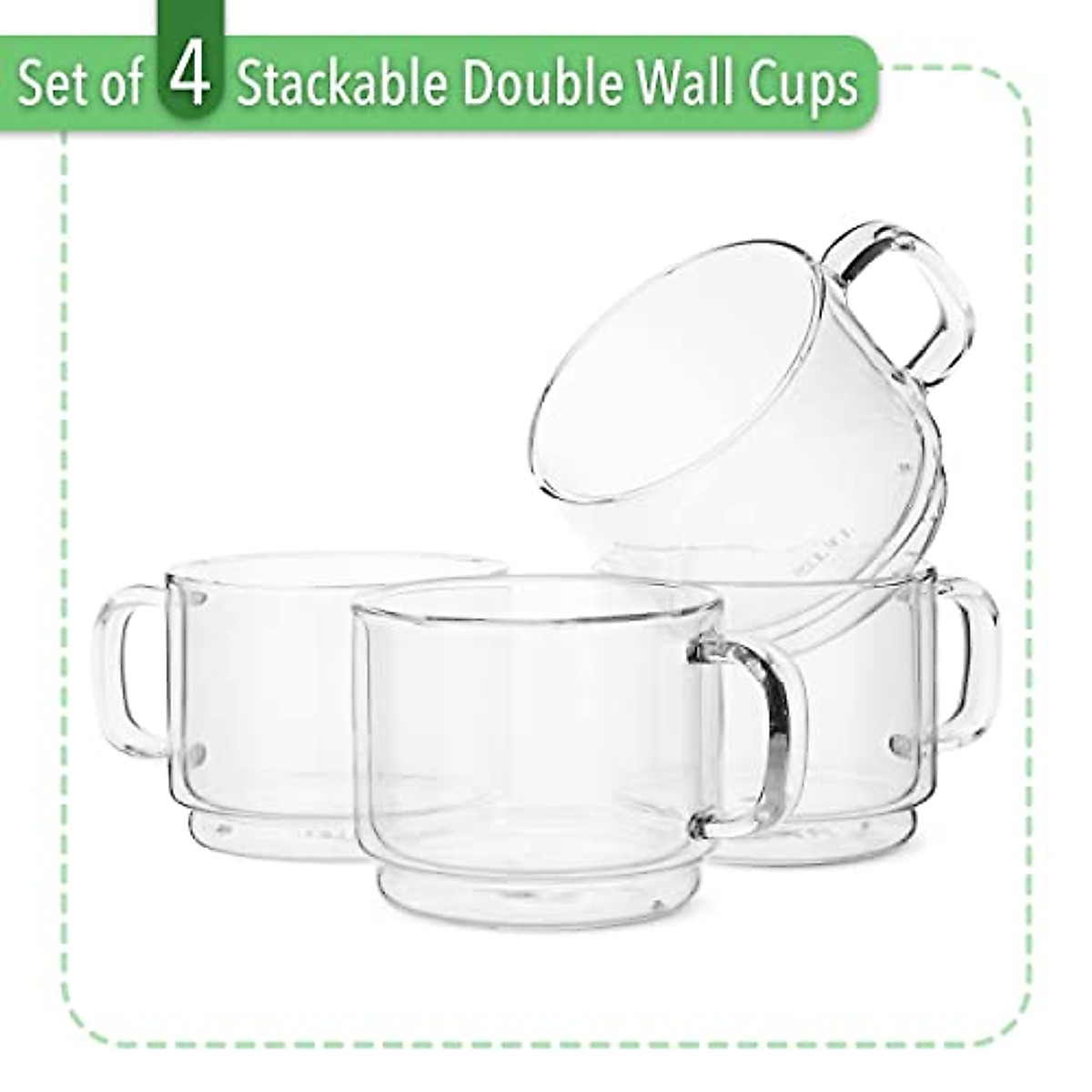 BTaT- Stackable Insulated Coffee Mug, Coffee Glass, Large, Set of 4 (16oz, 500ml), Double Wall Glass Coffee Cups, Tea Cups, Latte Cups, Glass Coffee Mug, Latte Mug, Clear Mugs, Mother's Day Gift