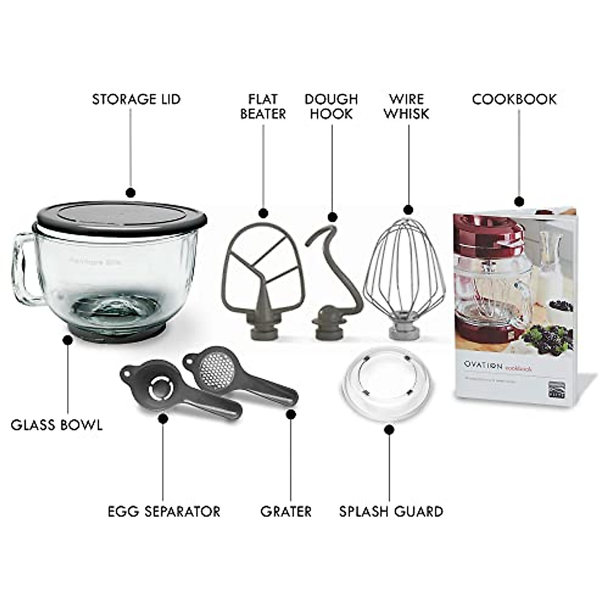Kenmore Elite Ovation 5 Qt Stand Mixer, 500 Watts, with Revolutionary Pour-In Top, Tilt Head, Flat Beater, Whisk, Dough Hook, 360-degree Splash Guard, Glass Bowl, LED Light, Metallic Grey