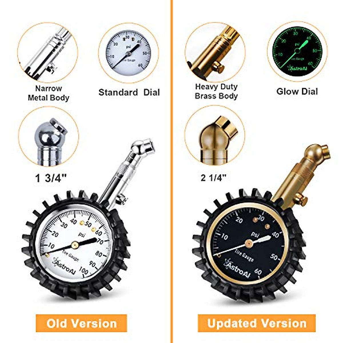 AstroAI Tire Pressure Gauge 60 PSI, Large 2" Easy Read Glow Dial Tire Gauge, Certified ANSI B40.1 Accurate, Compatabile for Bicycle, Car, SUV, Truck & Motorcycle