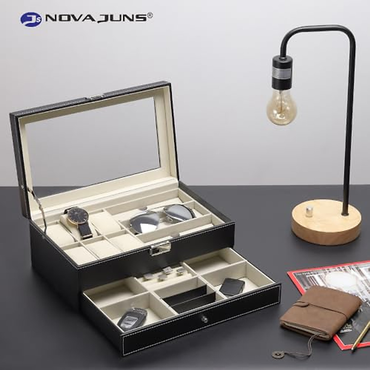 JS NOVA JUNS 6 slots watch box Jewelry Organizer Lockable Sunglass Display Case with Black Faux Leather