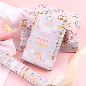 WRAPAHOLIC Reversible Wedding Wrapping Paper Roll - Mini Roll - 17 Inch X 33 Feet - Wedding Day Cake Floral and Ring Design, Perfect for Wedding, Bridal Shower