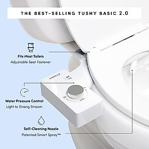 TUSHY Basic 2.0 Bidet Toilet Seat Attachment | Modern Sleek Design. Fresh Clean Water Sprayer. (Non-Electric Self Cleaning Adjustable Nozzle), White/Silver Knob