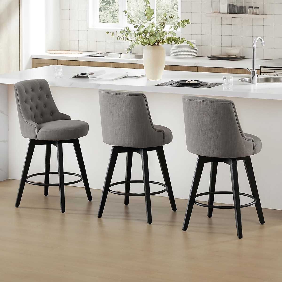 Watson & Whitely Modern Swivel Bar Stools, Performance Fabric Upholstered Counter Height Bar Stool with Back, Solid Wood Legs, 26" H Seat, Set of 2, Flint Grey