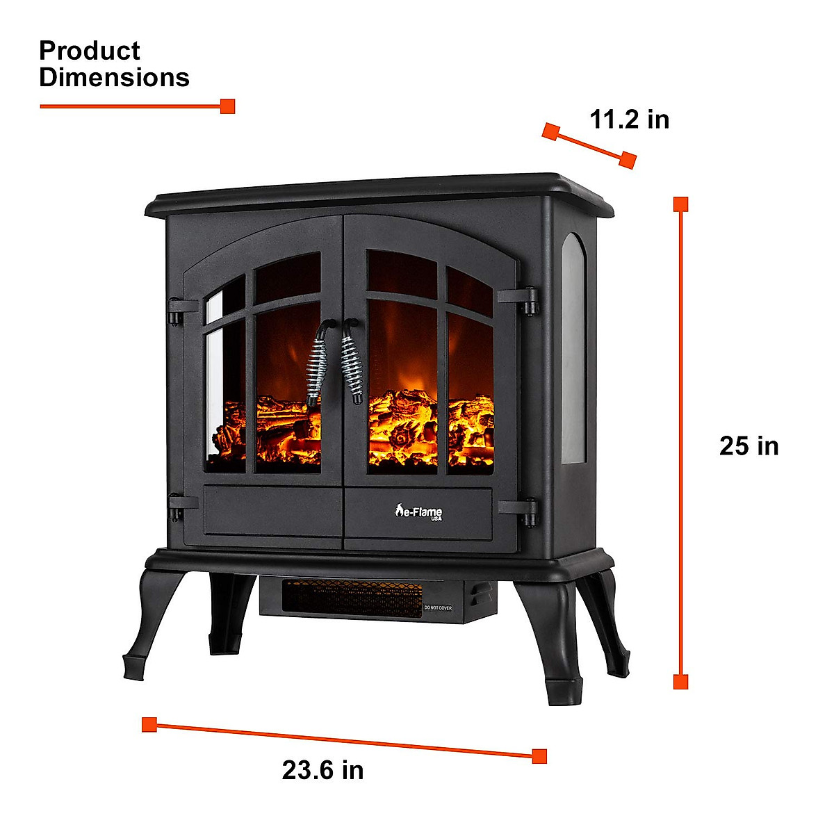 e-Flame USA Jasper Freestanding Electric Fireplace Stove Heater - Realistic 3-D Log and Fire Effect (Black)