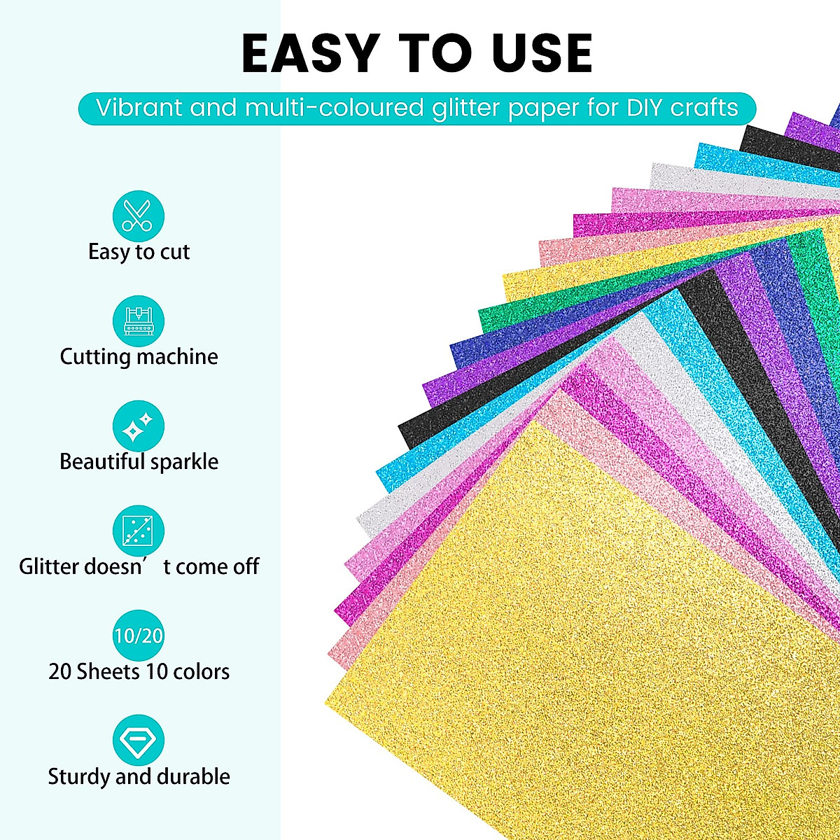 HTVRONT Glitter Cardstock Paper - 20 Sheets 10 Colors CardStock, A4 Colored Cardstock Glitter Paper for Craft, Birthday, Scrapbook, Wedding, Sparkly Paper, Card Making (Glitter/20 Sheets)