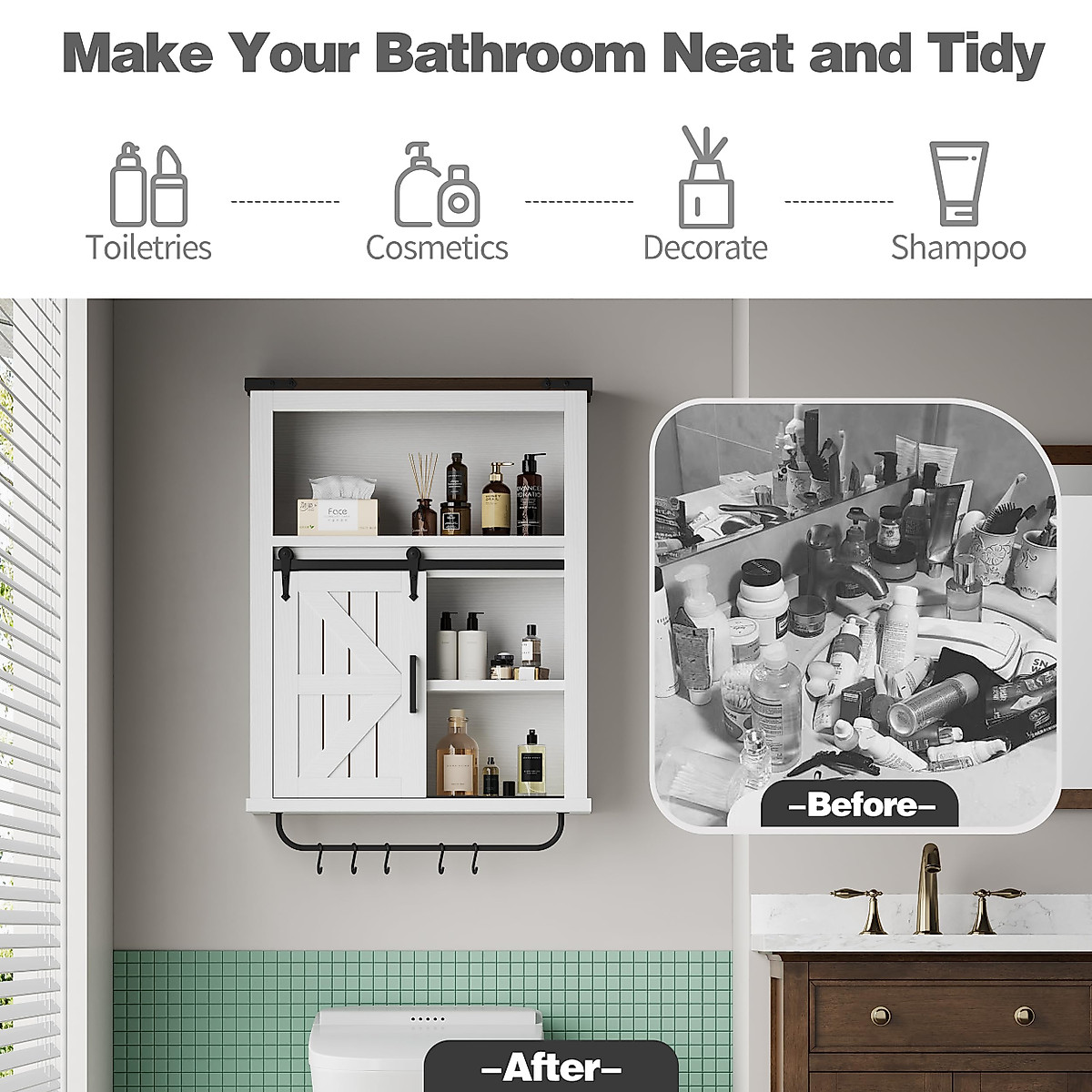 Vagaconl Bathroom Wall Cabinet, Farmhouse Medicine Cabinet Bathroom Cabinet Wall Mount with Barn Door Adjustable Shelves Towel Bar Hooks, for Laundry Bathroom Kitchen(Brown & Vintage White)