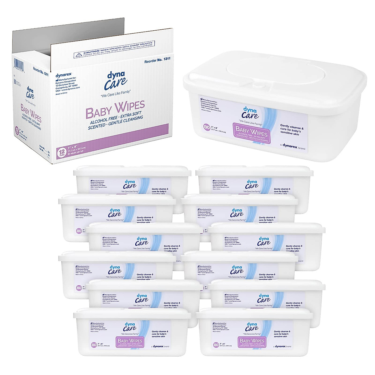 Dynarex 1311 Baby Non-Alcohol Wipe, Lanolin and Aloe to Moisturize Skin, Non-Woven and Unscented, 7 x 8", Pack of 960