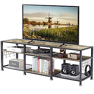 VECELO TV Stand for Televisions up to 70 Inch, Industrial Entertainment Center with 3-Tier Open Storage Shelves& Hooks for Living, Bedroom and Gaming Room, 63 Inch, Grey