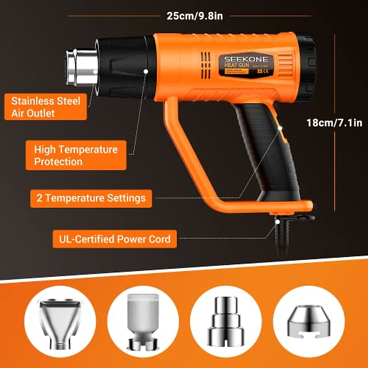 SEEKONE Heat Gun 1800W Heavy Duty Fast Heat Hot Air Gun Kit with 752℉&1112℉（400℃-600℃） Dual-Temperature Settings and 4 Nozzles with Overload Protection for Crafts, Shrinking PVC, Stripping Paint