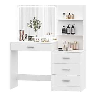 Rovaurx Makeup Vanity with 3-Color Dimmable Lighted Mirror, Large Vanity Table with Side Storage Shelf & 4 Drawers, Bedroom Dressing Desk, Brightness Adjustable, White RSZT107W