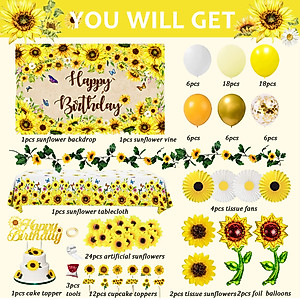 Sunflower Birthday Party Decoration Pack, 111 Pcs Baby Shower Party Supplies Wedding Decors (including Sunflower Backdrop, Tablecloth, Artificial Sunflowers and A Garland, Cake Topper, Balloon
