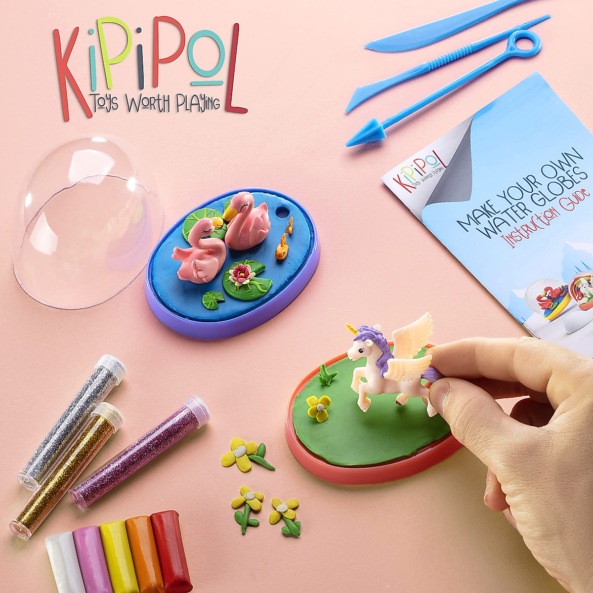 Kipipol Snow Globe Making Kit for Kids - Make Your Own Snow Globes for Girls w/ 4 DIY Snowglobe, 5 Figures, 20 Packs of Modeling Clay for Kids for Sculpting - Arts and Crafts for Girls & Boys 8-12-4-8