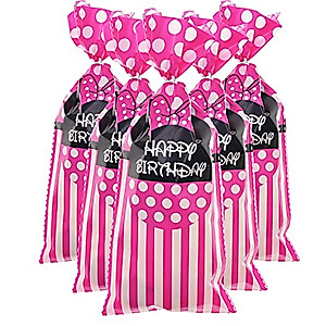 U/C 100 Pieces Pink Bow Mouse Ear Print Cone Cellophane Bags Heat Sealable Candy Bags Baby Pink Gift Bags Treat Bags with 100 Pieces Twist Ties for Girl Birthday Party Favor Decorations