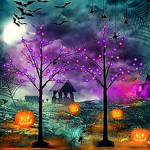 2-Pack 4FT Lighted Black Halloween Tree with 96 LED Orange & Purple Lights (Higher Size & Floor Standing), Halloween Decorations Spooky Tree for Indoor & Outdoor, Home Holiday Party Halloween Decor