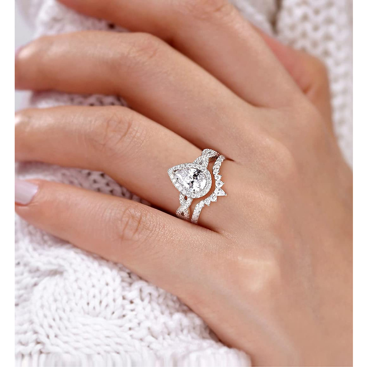 TIGRADE 1.5CT Engagement Ring for Women Teardrop Cubic Zirconia Wedding Band Halo Twisted Pear CZ Promise Anniversary Ring Size 3-12, Silver, Size 8