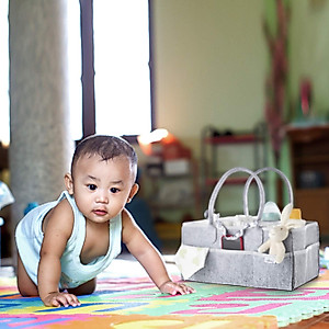 NEENY Baby Diaper Caddy Organizer – Portable Changing Table Storage Basket – Soft Felt Grey Nappy Bag Adjustable Compartments – Wipes Bottle Nursing Home & Car Travel – FREE Cotton Bib & Pacifier Clip